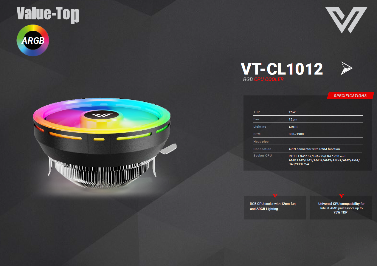VALUE TOP VT-CL1012 AIR ARGB CPU COOLER PRICE IN BD | TECHLAND BD